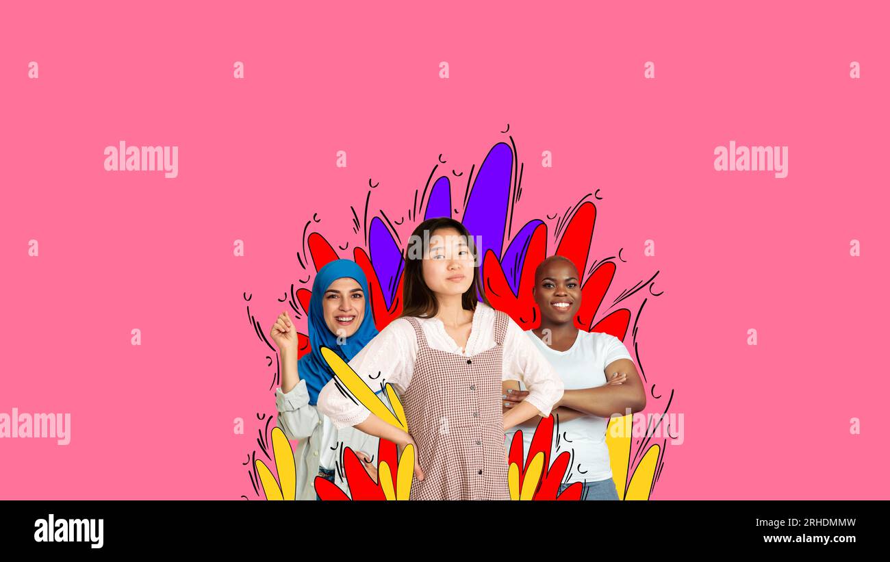 Beautiful women of different race and nationality over pink background ...
