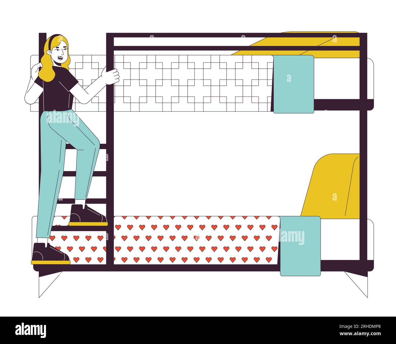 Female student climbing ladder on bunkbed flat line color vector ...