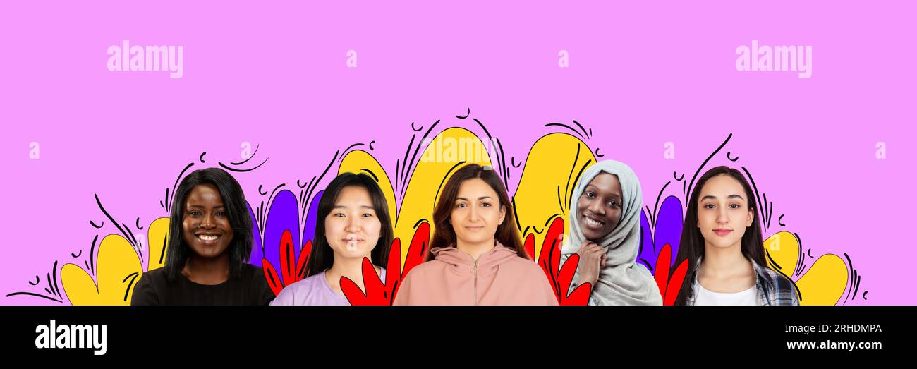 Beautiful women of different race and nationality over pink background ...