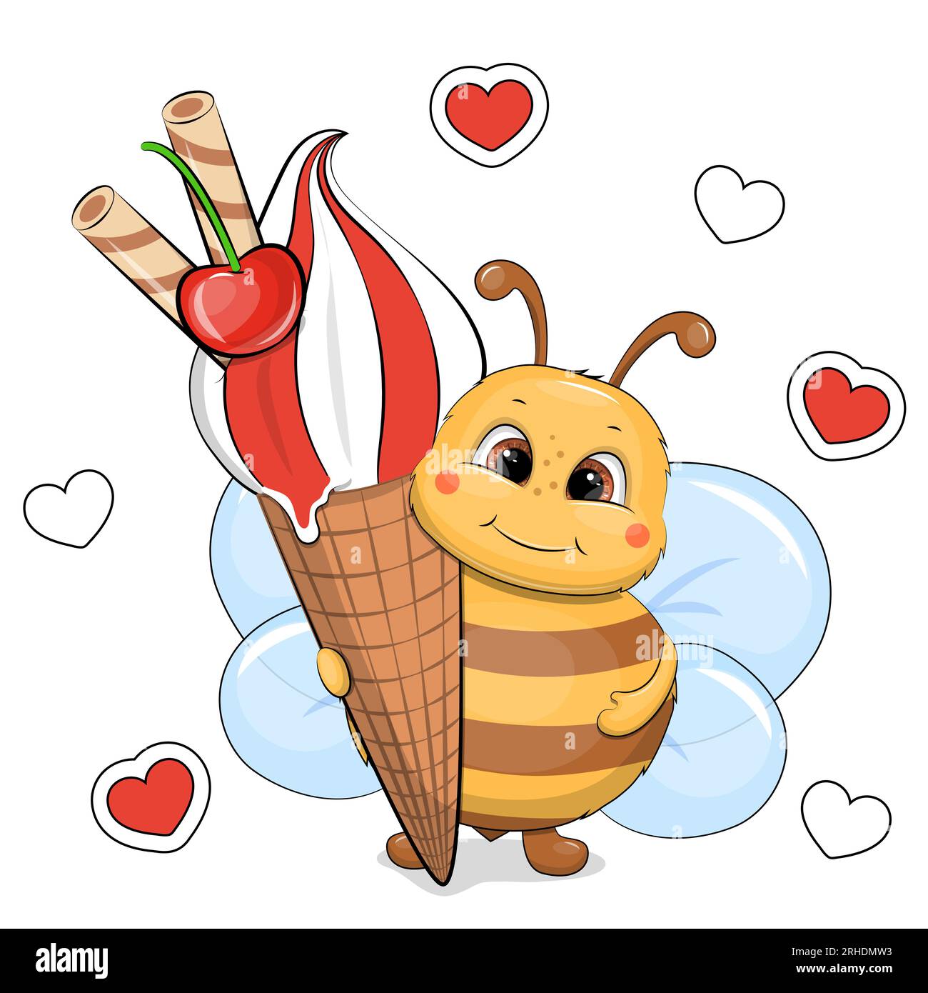 Cute cartoon bee with big ice cream. Summer animal vector illustration ...