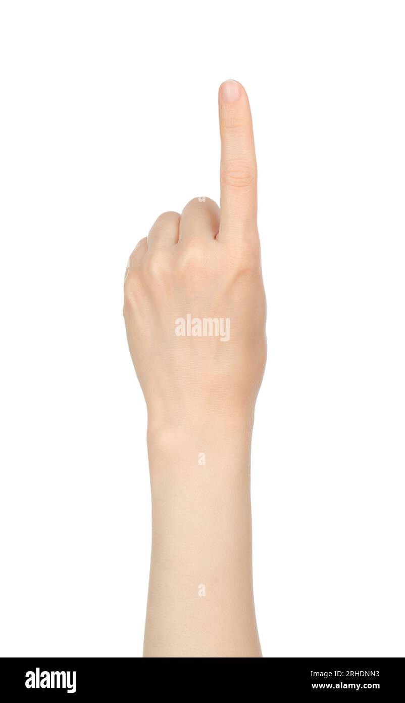 Woman hand shows finger-counting, on white background close-up Stock ...