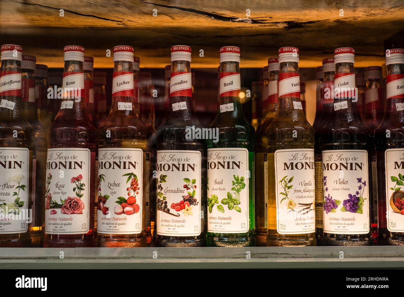 Le Sirop de MONIN bottles window display, Sete, Herault, Occitanie ...