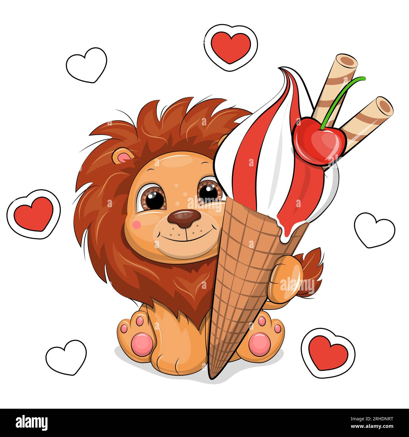 Cute cartoon lion with big ice cream. Summer animal vector illustration ...