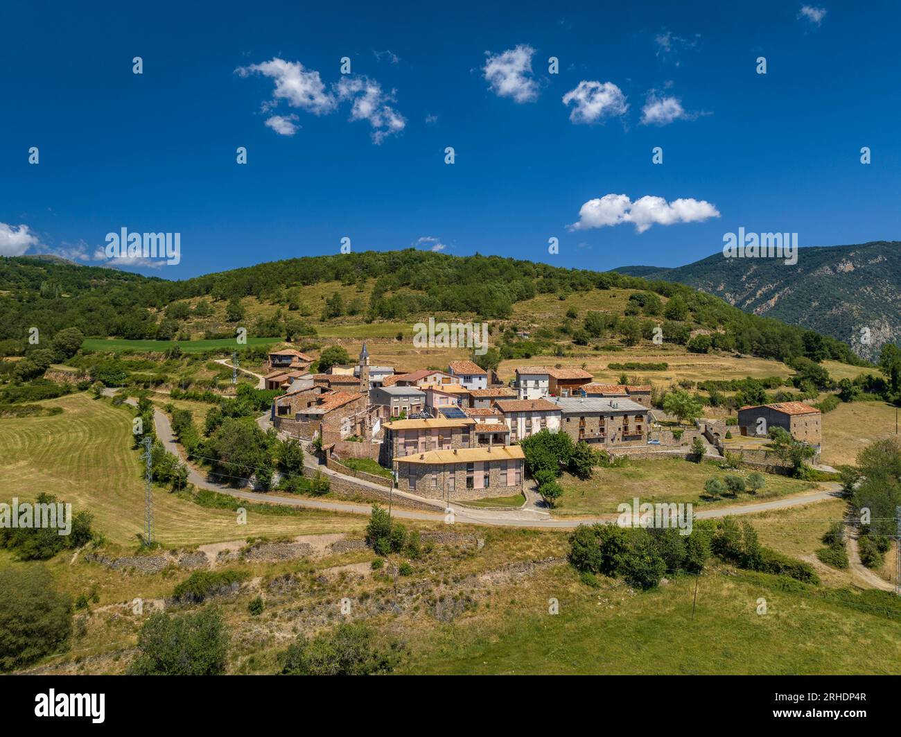 Aerial view of the village of Bretui in summer (Pallars Sobirà, Lleida ...