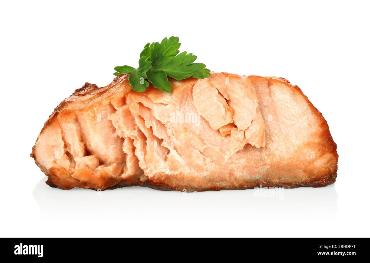 Bitted fry Salmon fish steak whith green scum, on white background ...