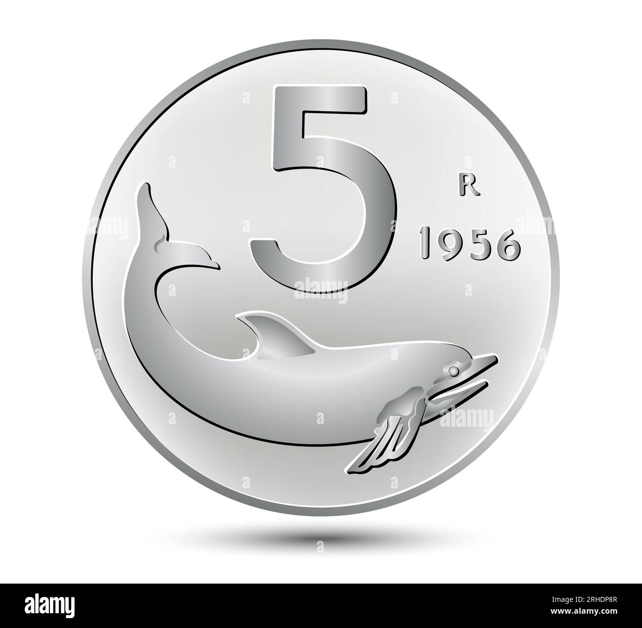 5 Italian lira with the image of a dolphin isolated on white background ...