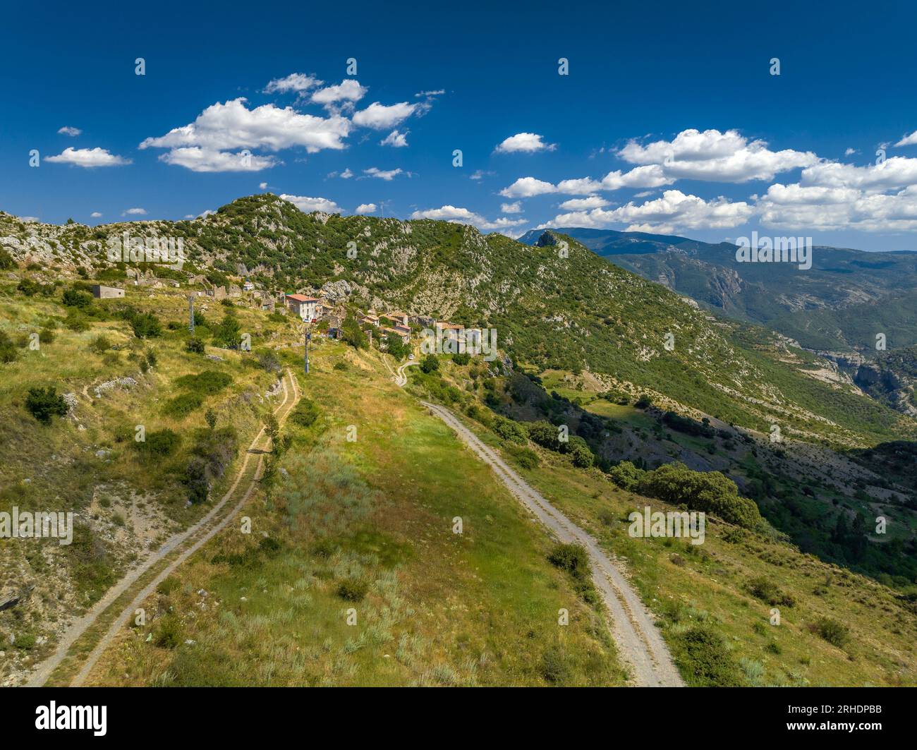 Aerial view of the Peracalç village and mountain range, north of the ...
