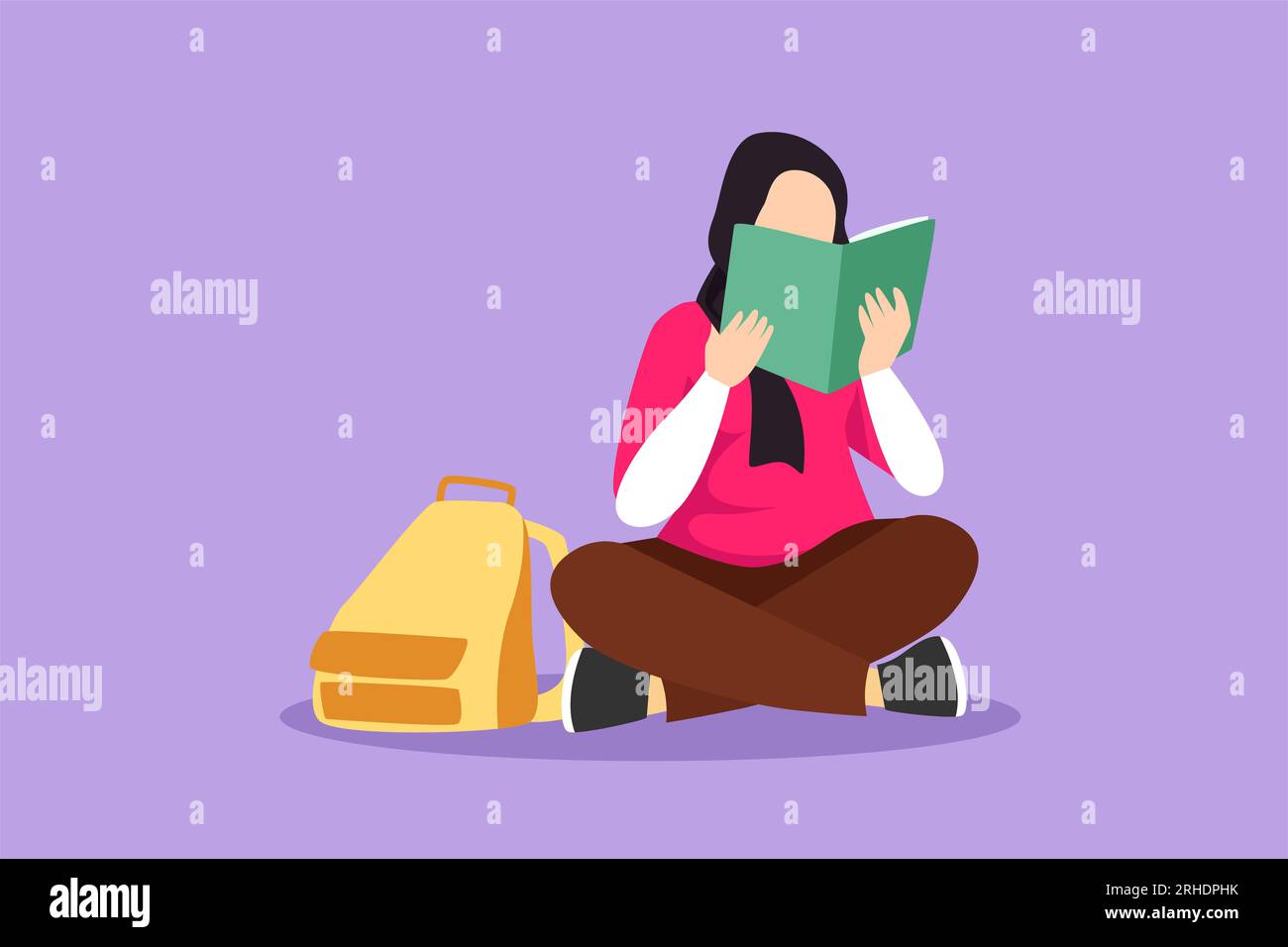 Cartoon flat style drawing happy Arab woman reading book and sitting on ...