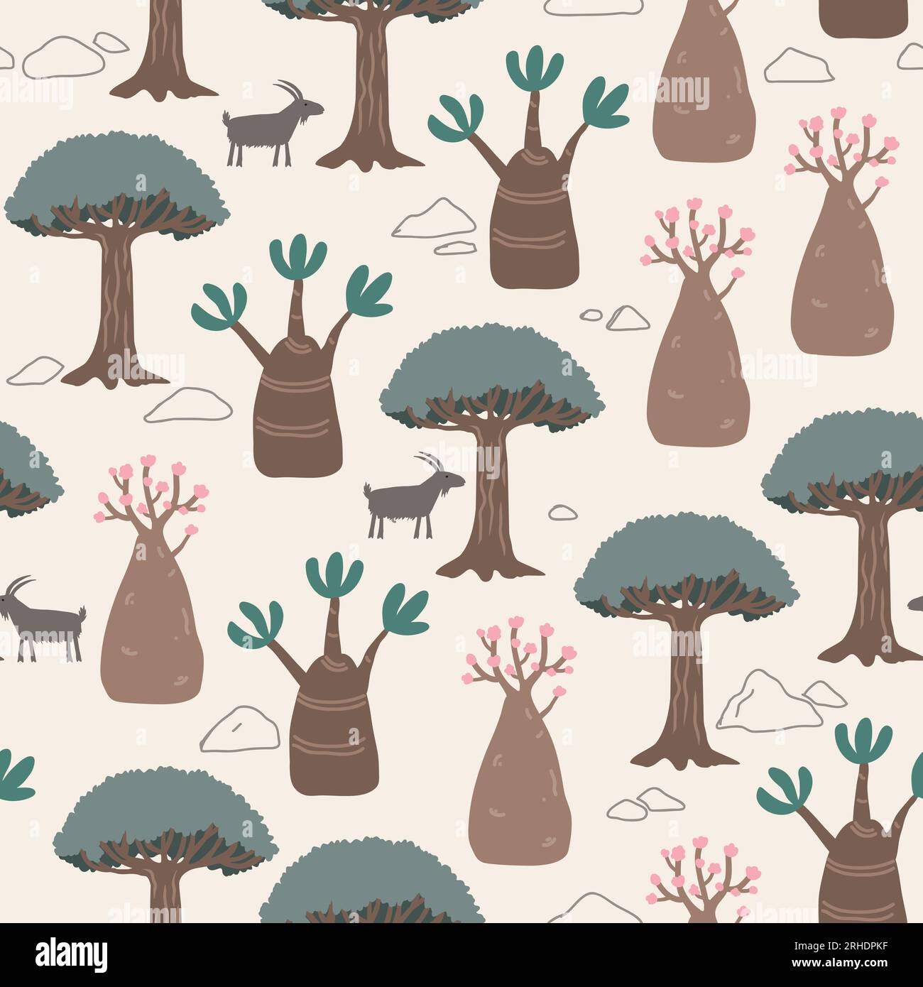Dragon adenium obesum and blood dragon tree and goats that eat them, seamless pattern. Socotra ...