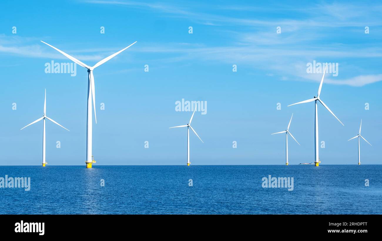 Ocean Wind Farm. Windmill farm in the ocean. Offshore wind turbines in ...