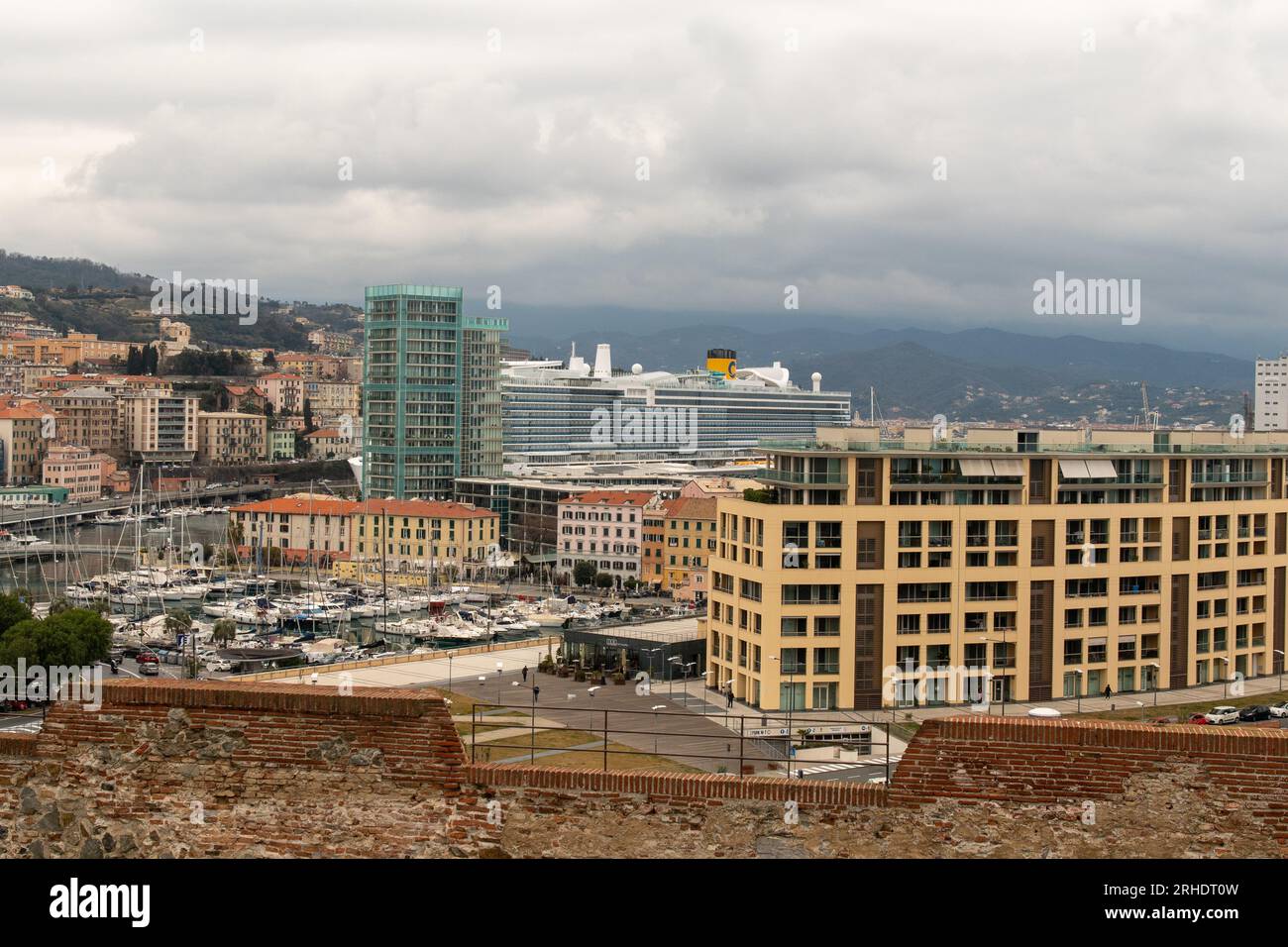 Elevated view of the harbor from the top of the Priamar Fortress with ...