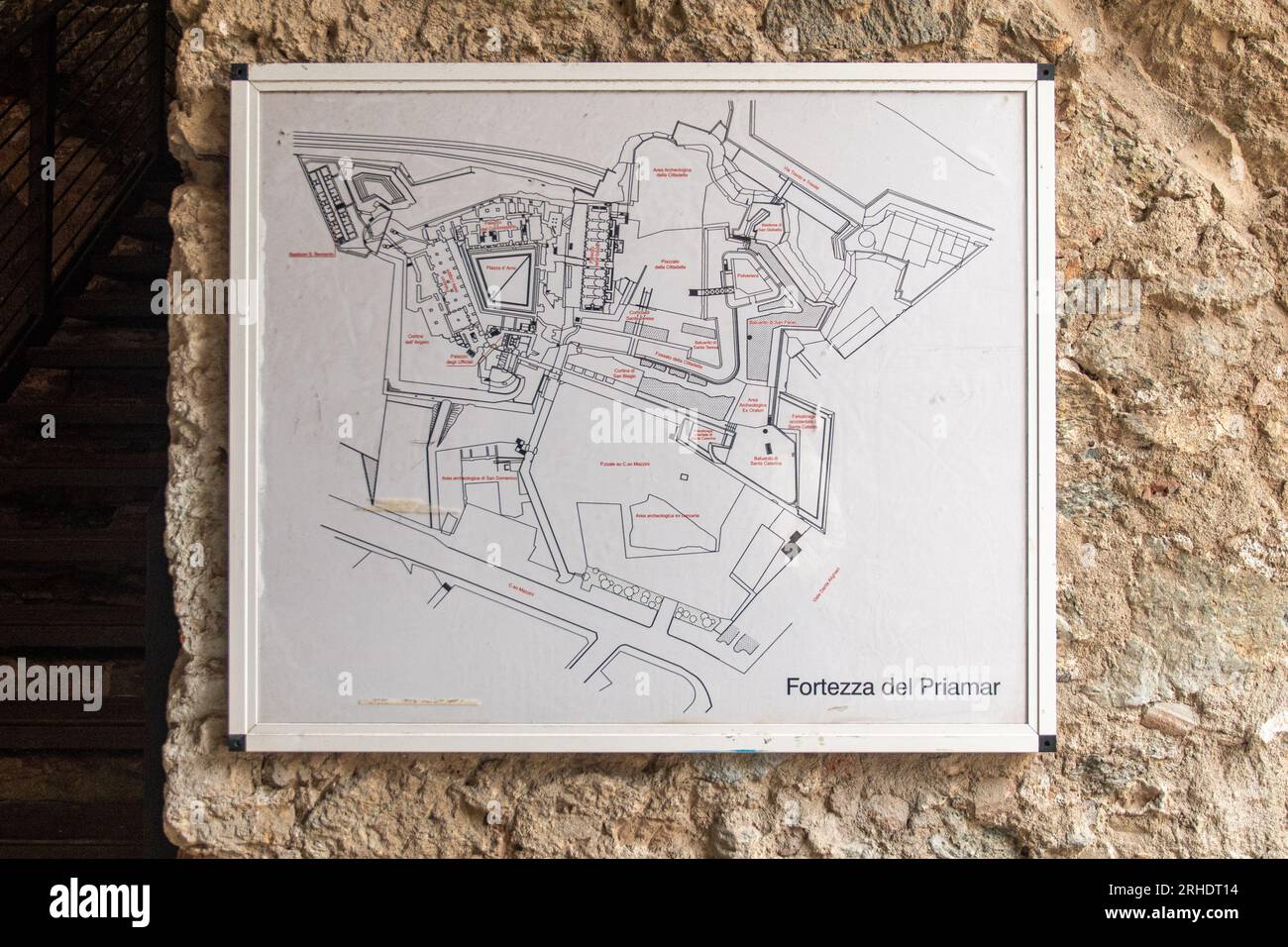 Map of the Priamar Fortress (1542) hanging on a stone wall inside the ...