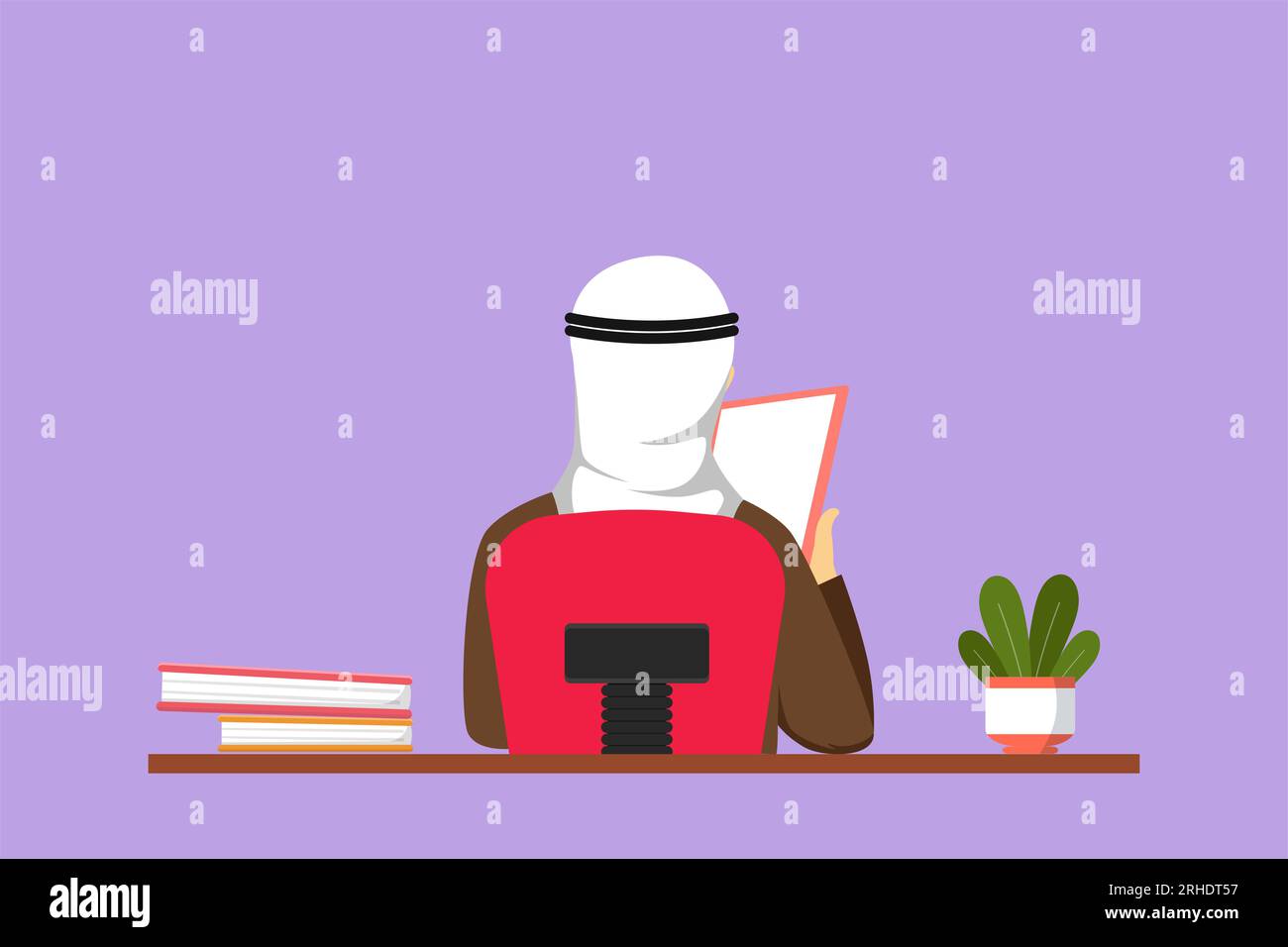 Cartoon flat style drawing back view of Arab man sitting at desk and ...
