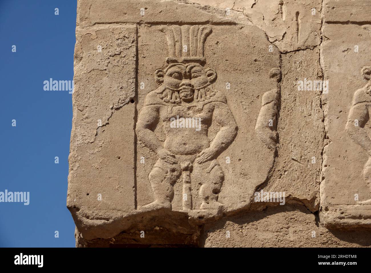 Carving of god Bes In the outer courtyard at Denderah Temple, near Qena ...