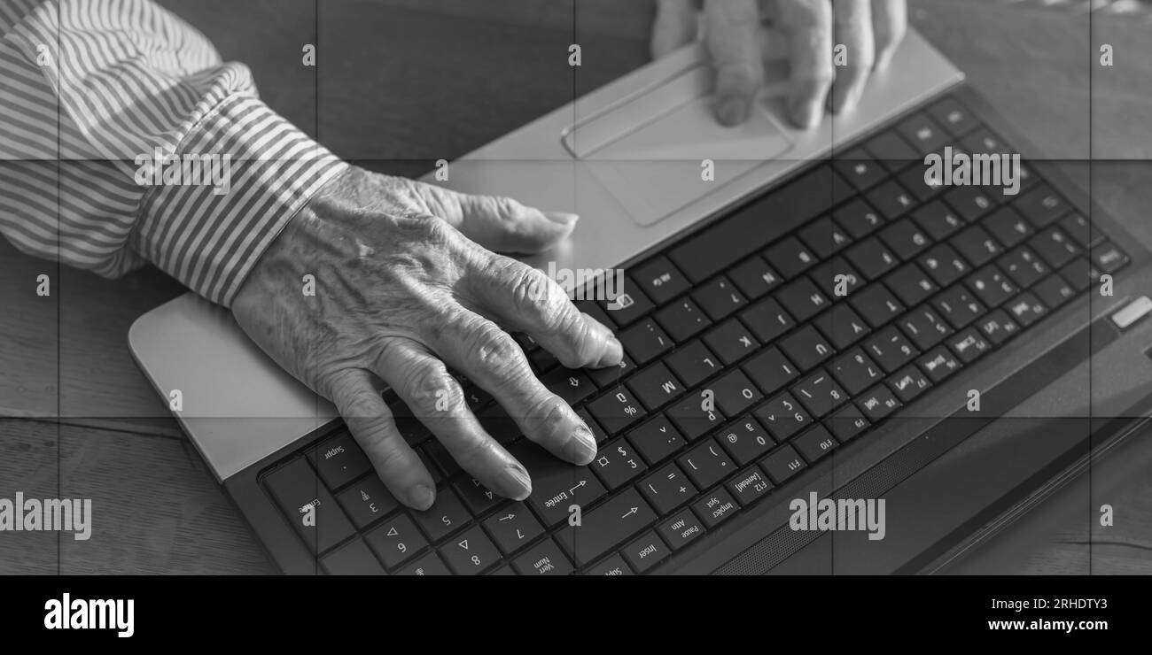 Hand senior woman typing keyboard laptop Black and White Stock Photos ...