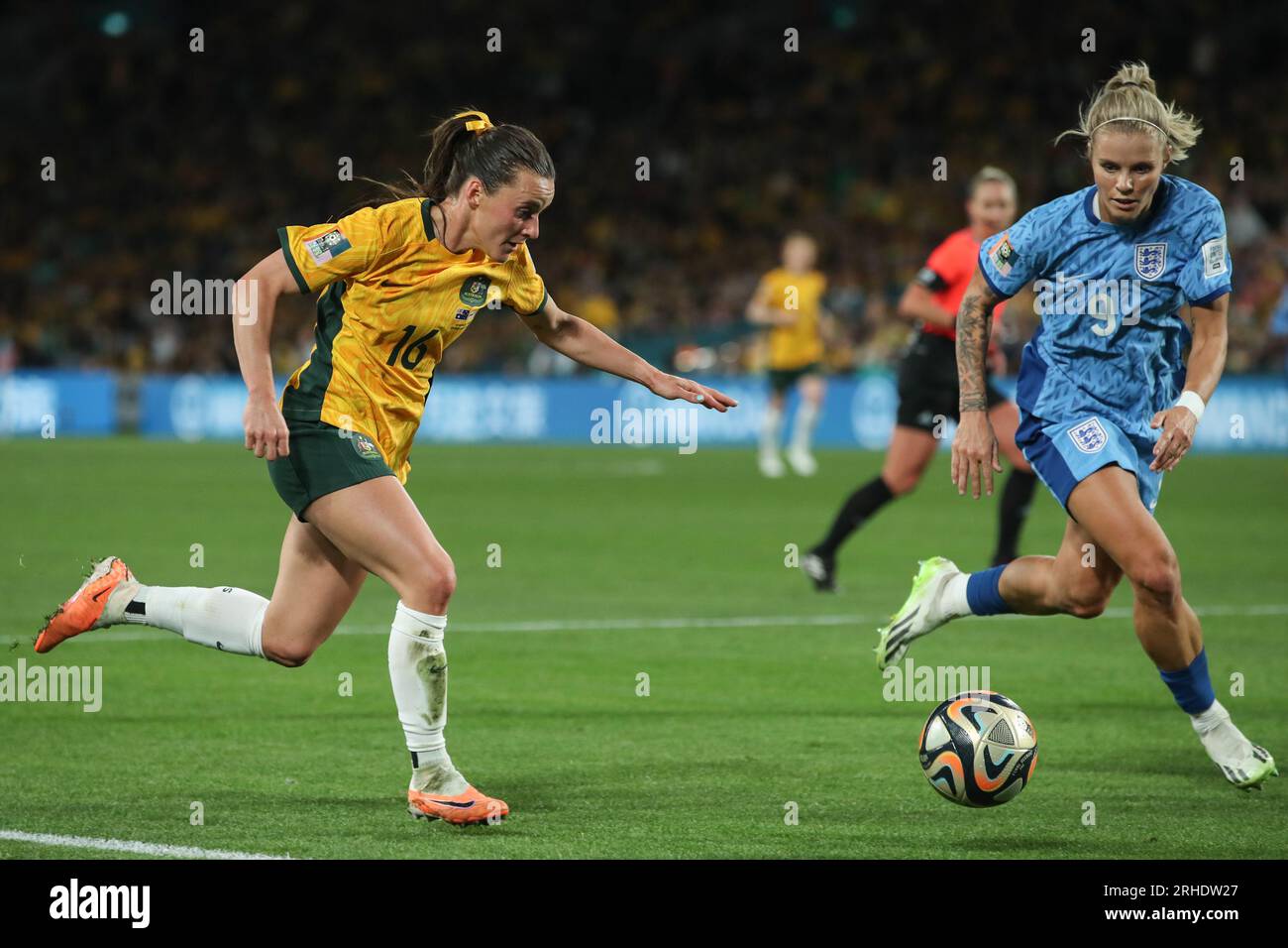 Hayley Raso #16 of Australia breaks with the ball as Rachel Daly #9 of ...