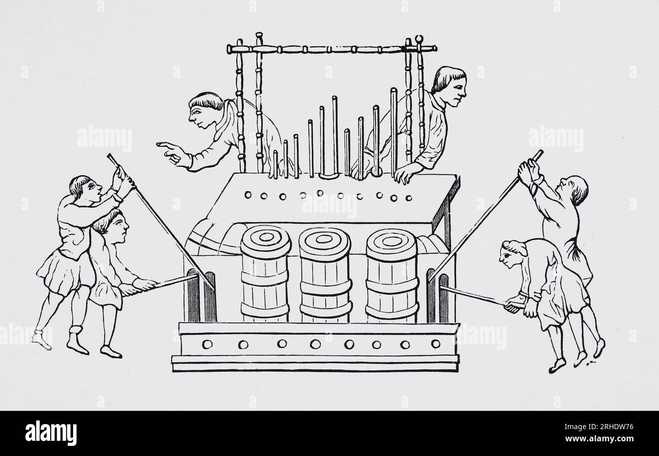 An organ from the twelth century. Engraving from Lives of the Saints by ...