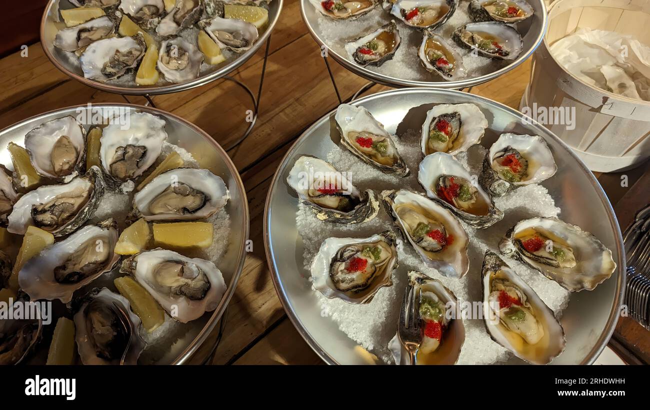 a table of dishes with salt and on top oysters ready to eat Stock Photo ...