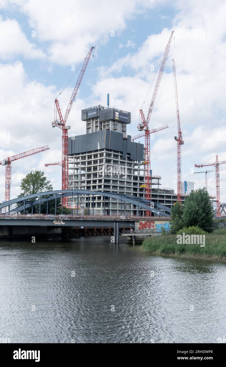 13 August 2023, Hamburg: View of the Elbtower construction site at the ...