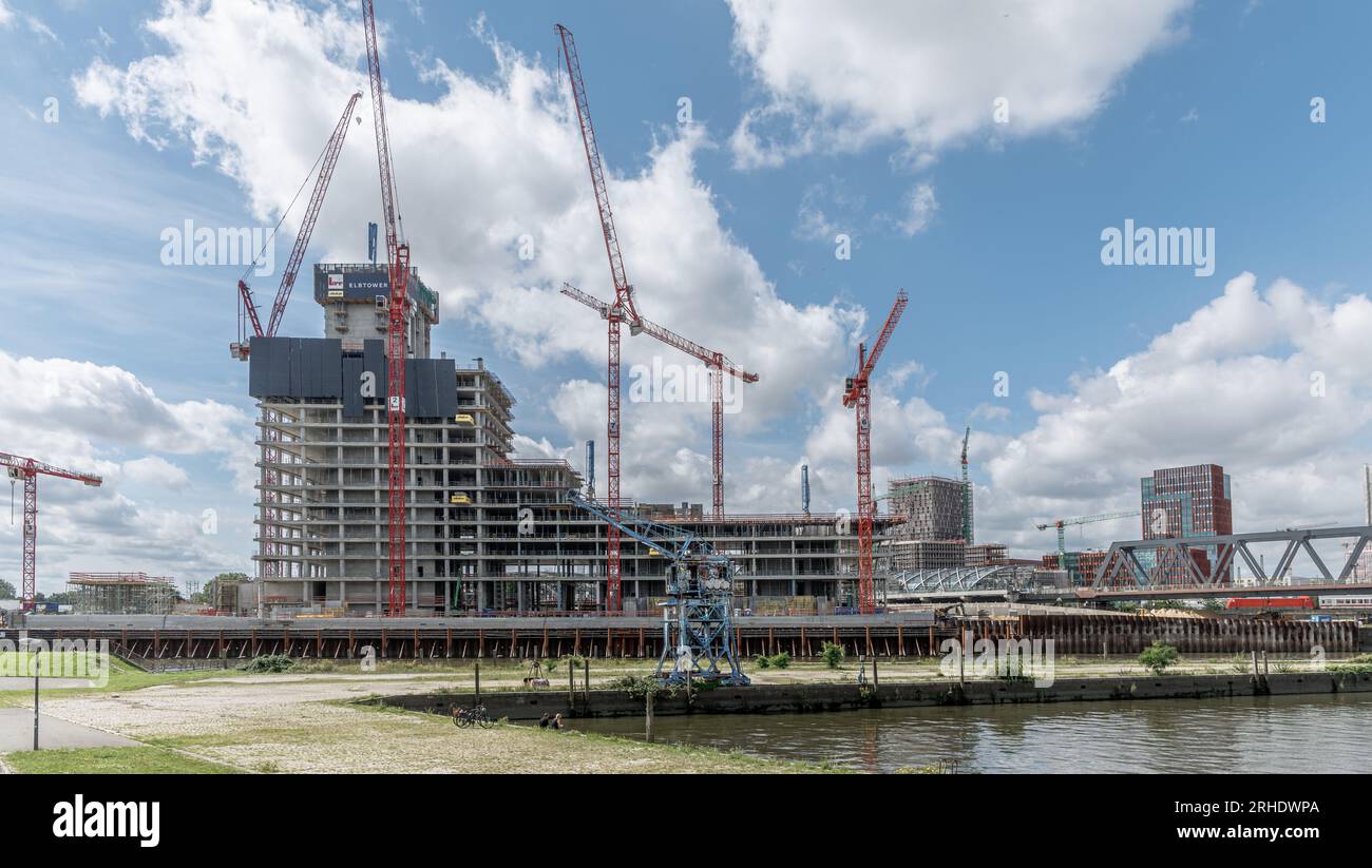 13 August 2023, Hamburg: View of the Elbtower construction site at the ...