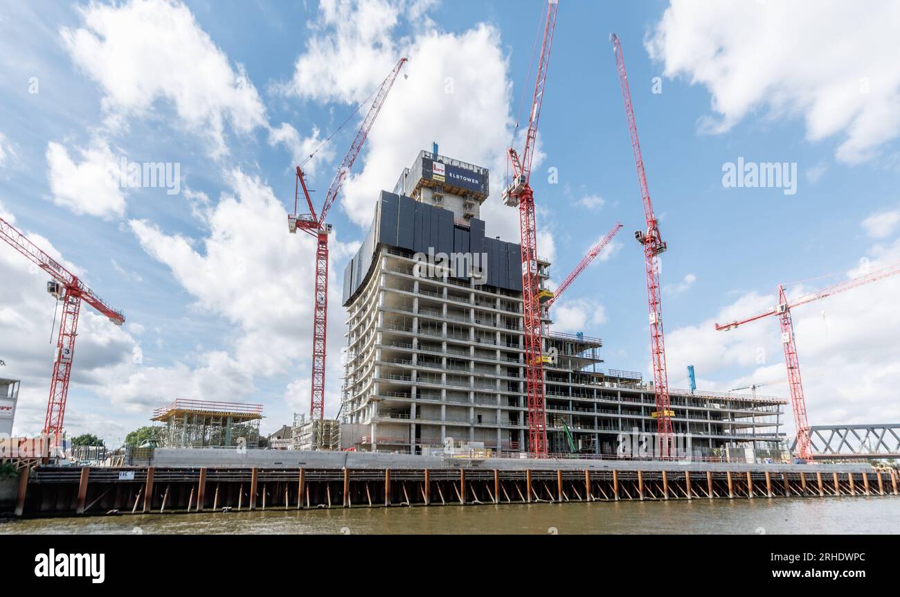 13 August 2023, Hamburg: View of the Elbtower construction site at the ...