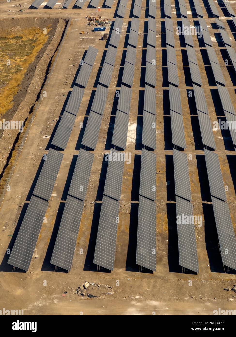 Solar panels at the end of the runway at the Arturo Merino Benítez ...