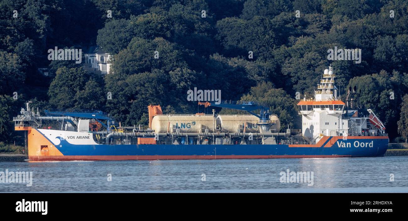 14 August 2023, Hamburg: The Vox Ariane, an LNG-powered hopper dredger ...
