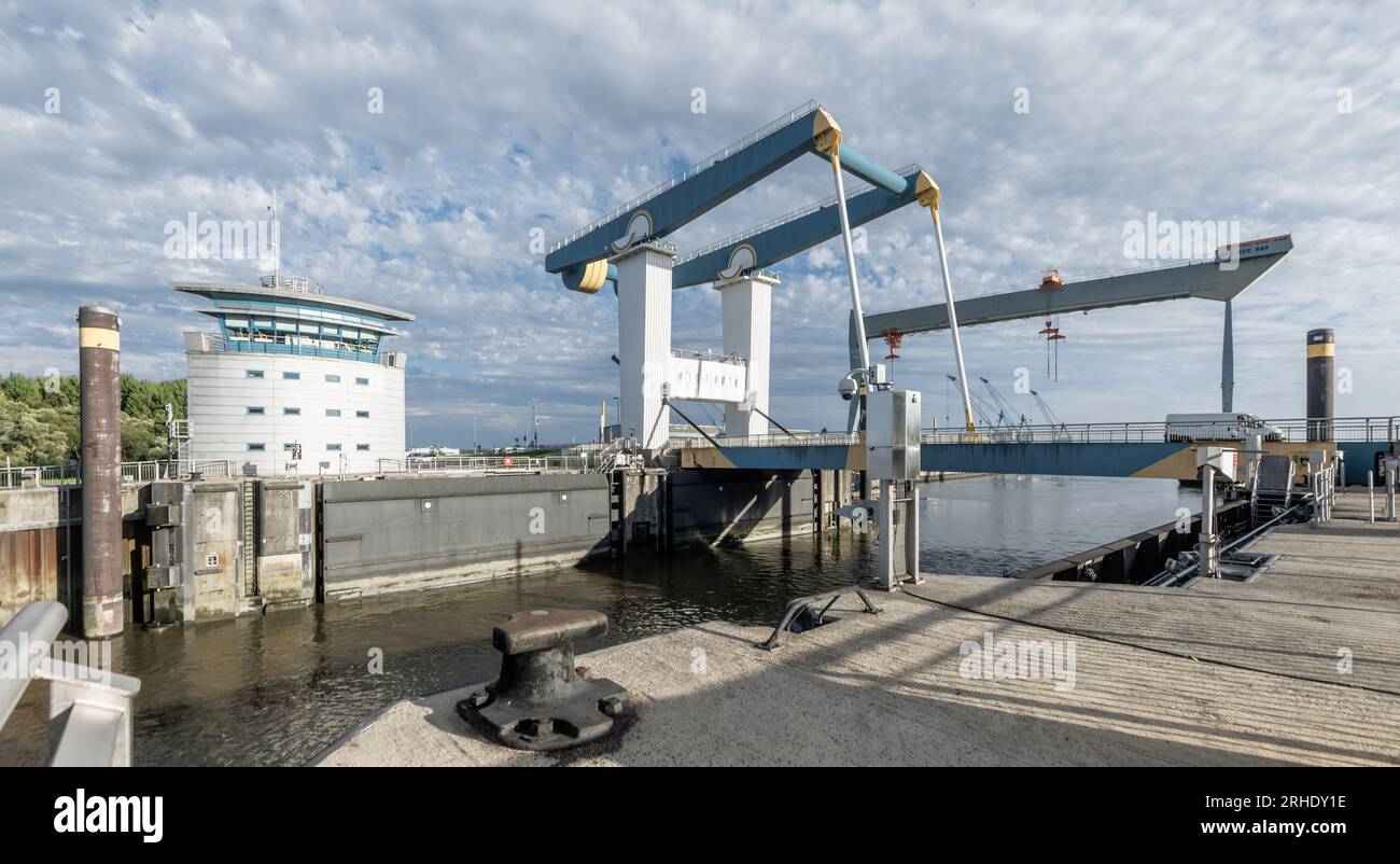 Hamburg, Germany. 14th Aug, 2023. View of the bascule bridge of the ...
