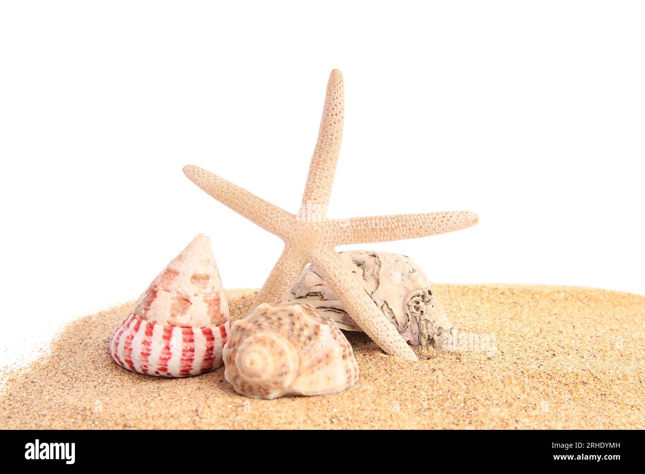 Beautiful sea star, shells and sand isolated on white Stock Photo - Alamy