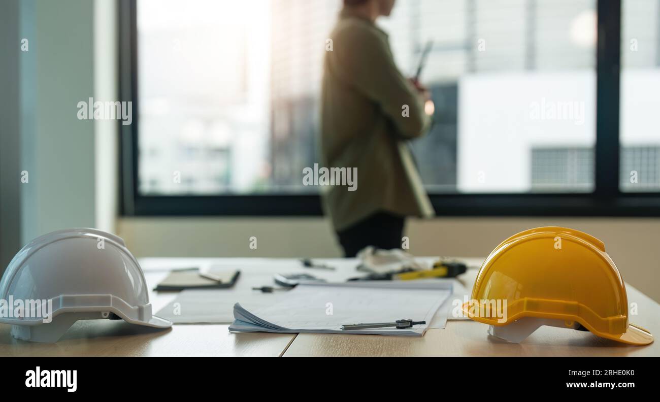 Engineer working wear worker helmets hardhat on construction site Stock ...