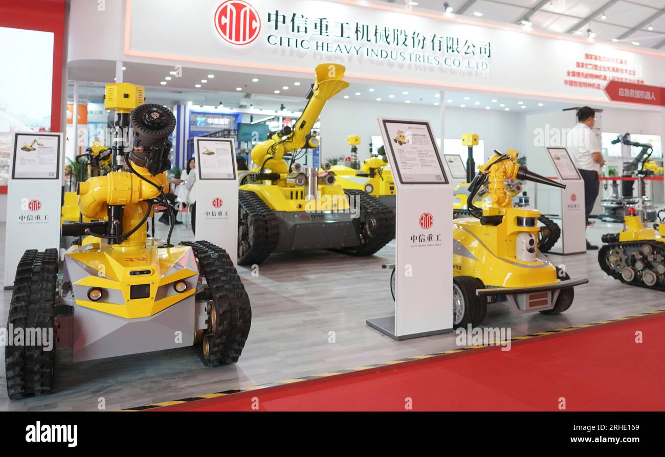 Beijing, China. 16th Aug, 2023. Fire-fighting robots are pictured at ...