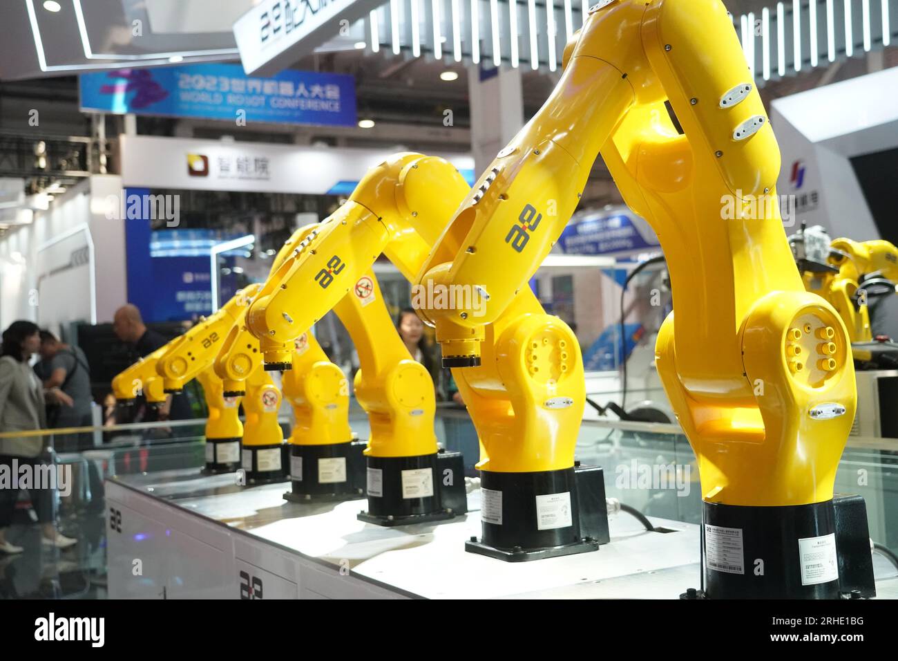 Beijing, China. 16th Aug, 2023. Desktop industrial robots are pictured ...