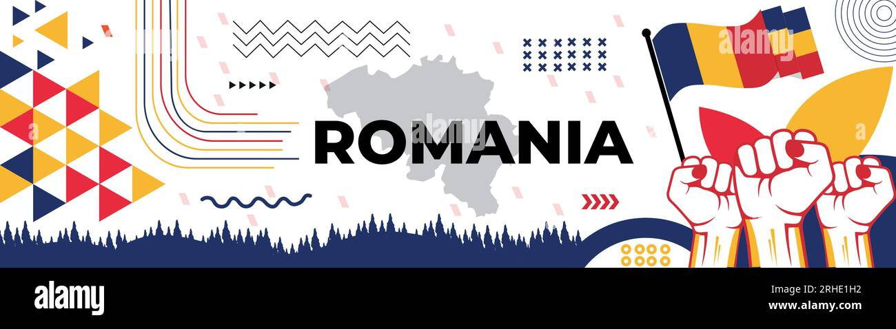 Romania national day banner with map, flag colors theme background and ...