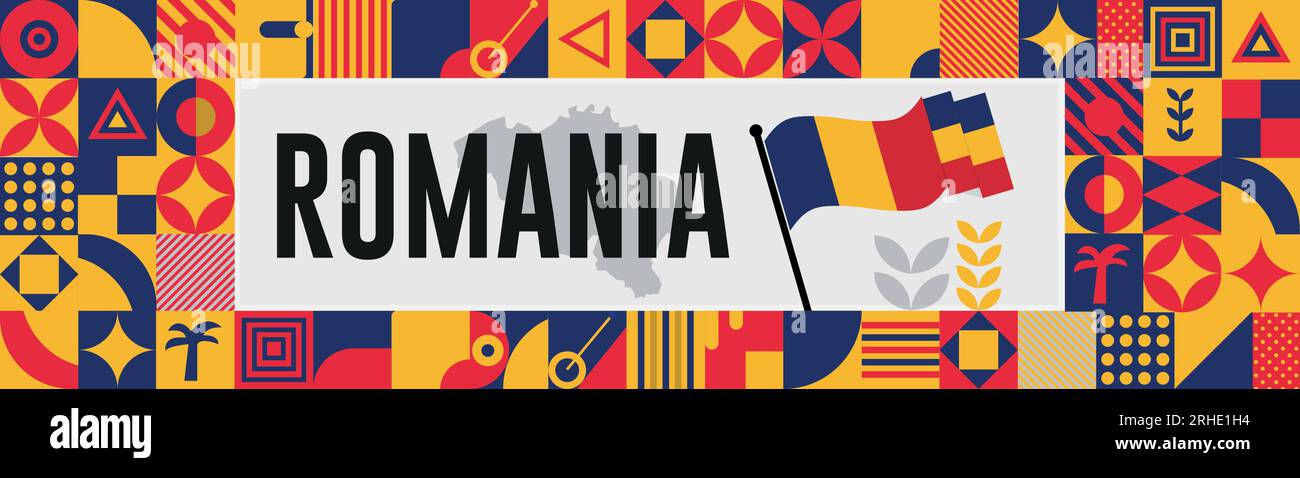 Romania national day banner with map, flag colors theme background and ...