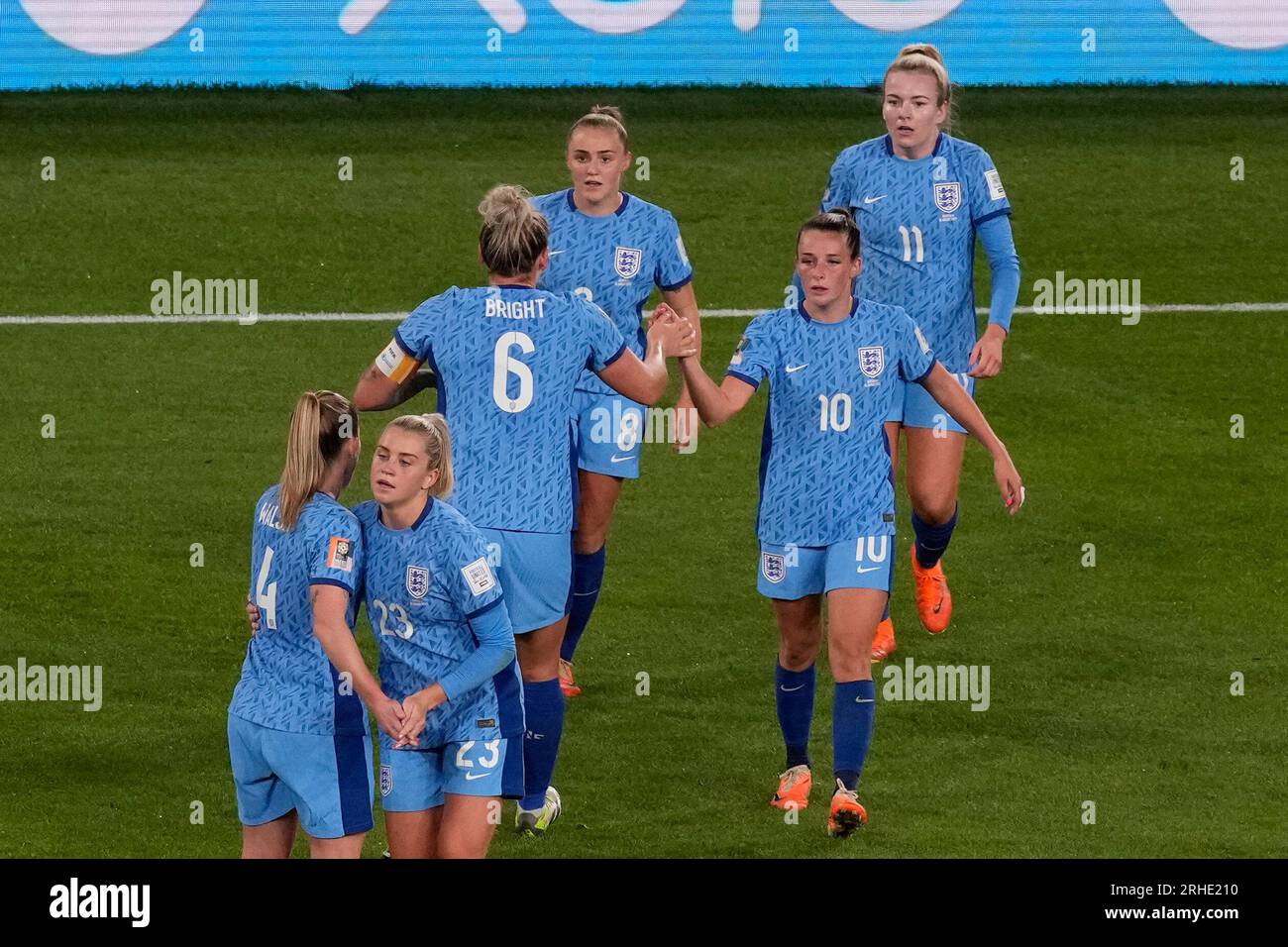 England's Lauren Hemp, right top, celebrates after scoring her side's ...