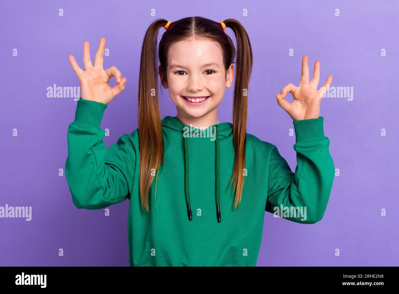 Photo of adorable little age girl showing okay symbols hands arms ...
