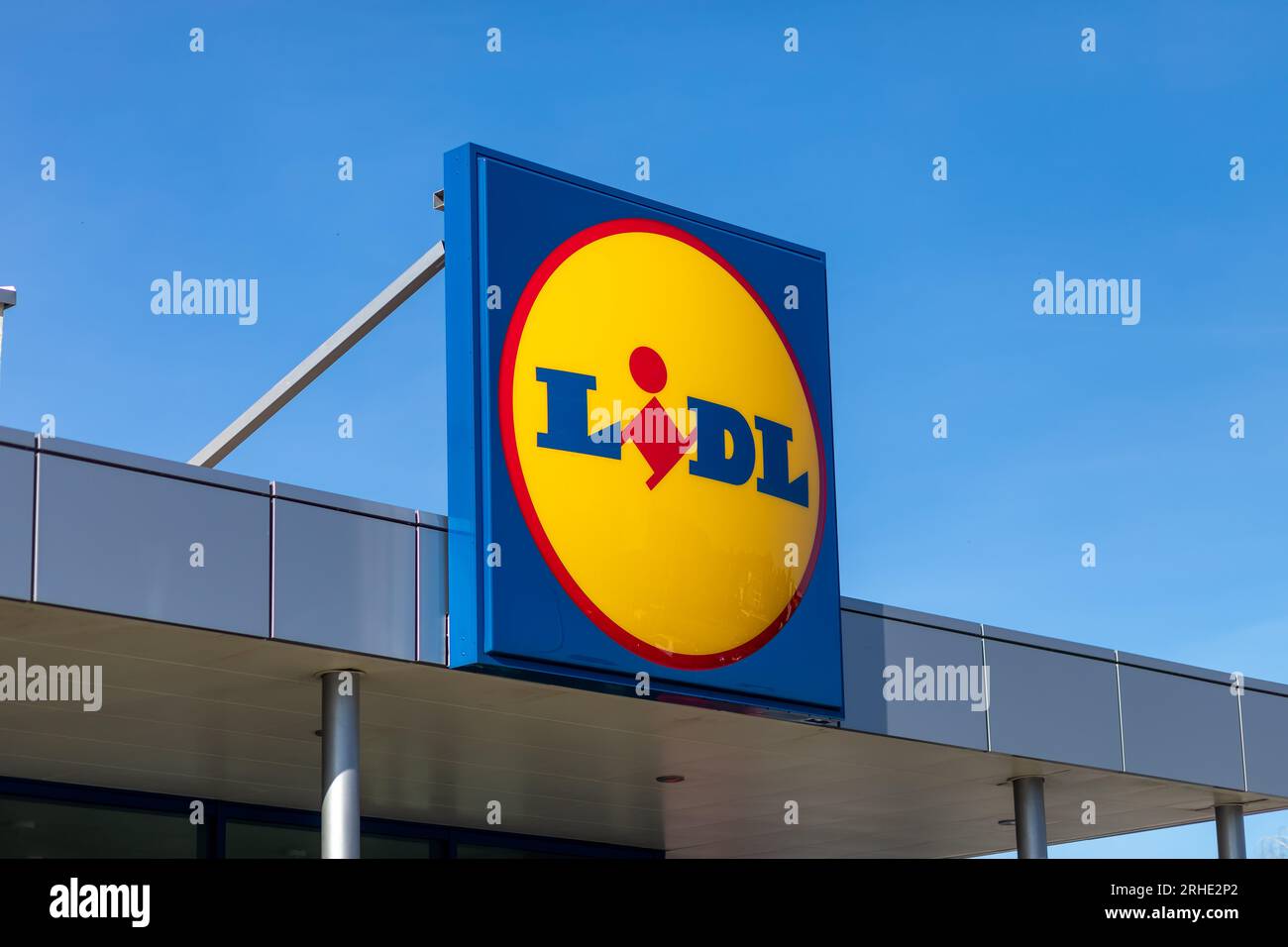 Valjevo, Serbia - March 24, 2023: LIDL supermarket chain sign. LIDL is ...