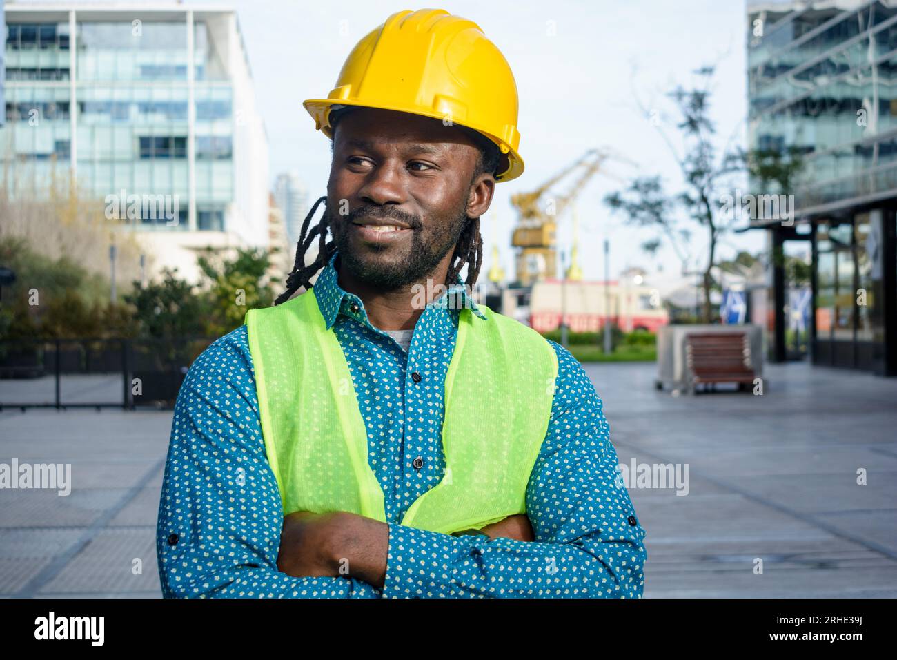 African ethnicity chief construction civil engineer man wearing safety ...