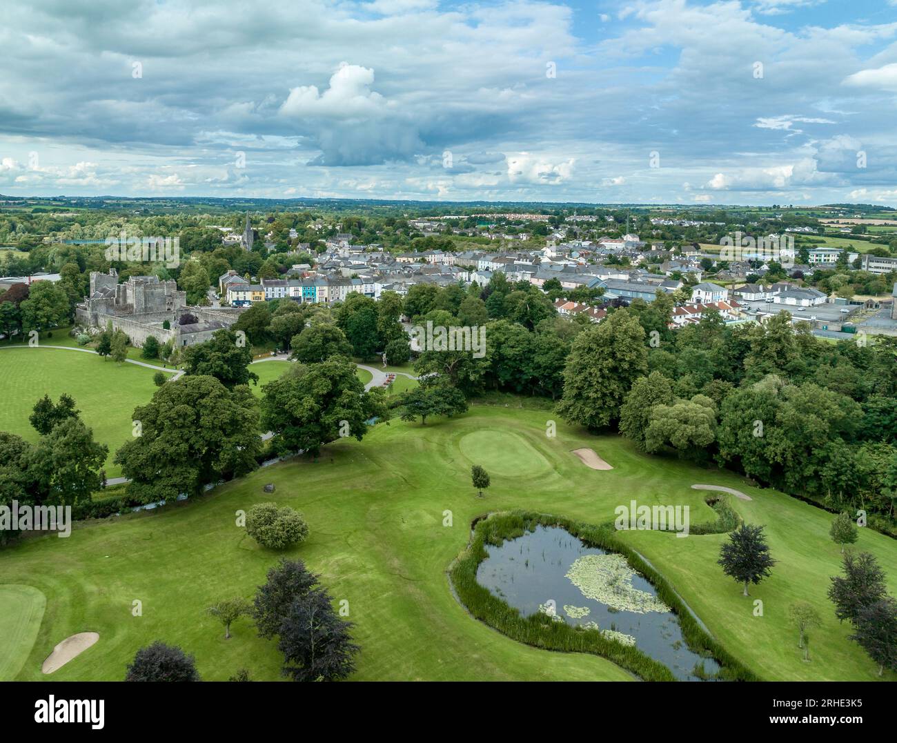 Aerial view of Cahir castle and town in Ireland with Tower House, outer ...