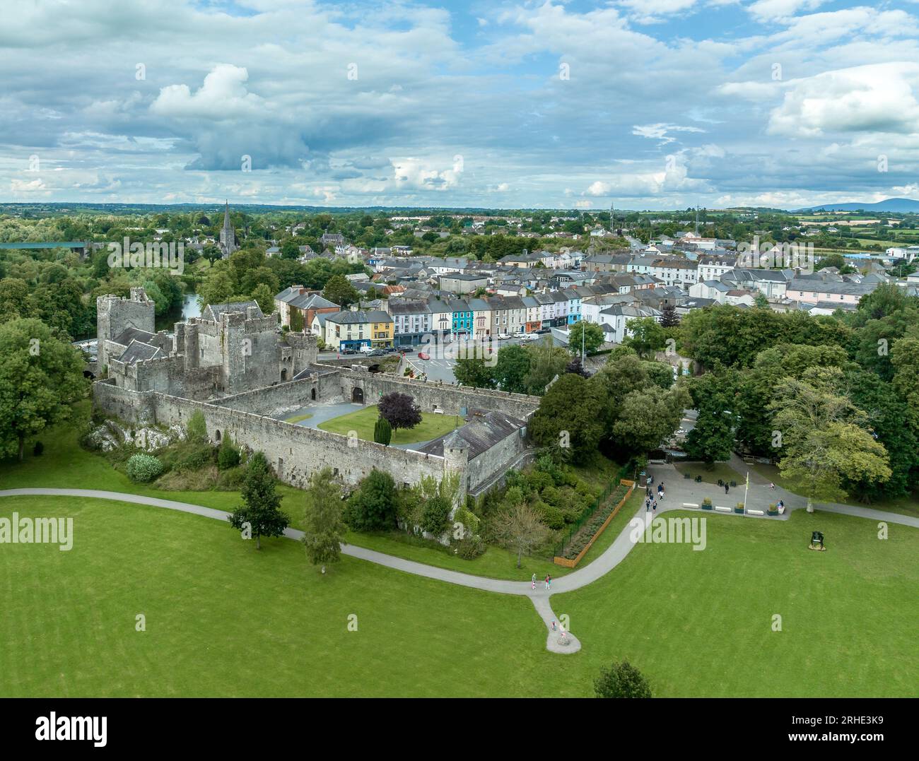 Aerial view of Cahir castle and town in Ireland with Tower House, outer ...