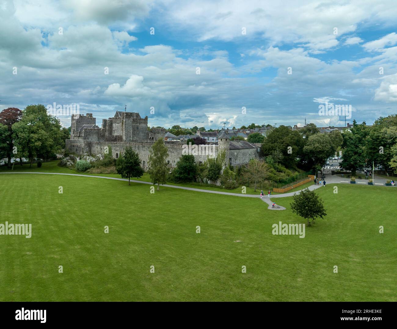 Aerial view of Cahir castle and town in Ireland with Tower House, outer ...