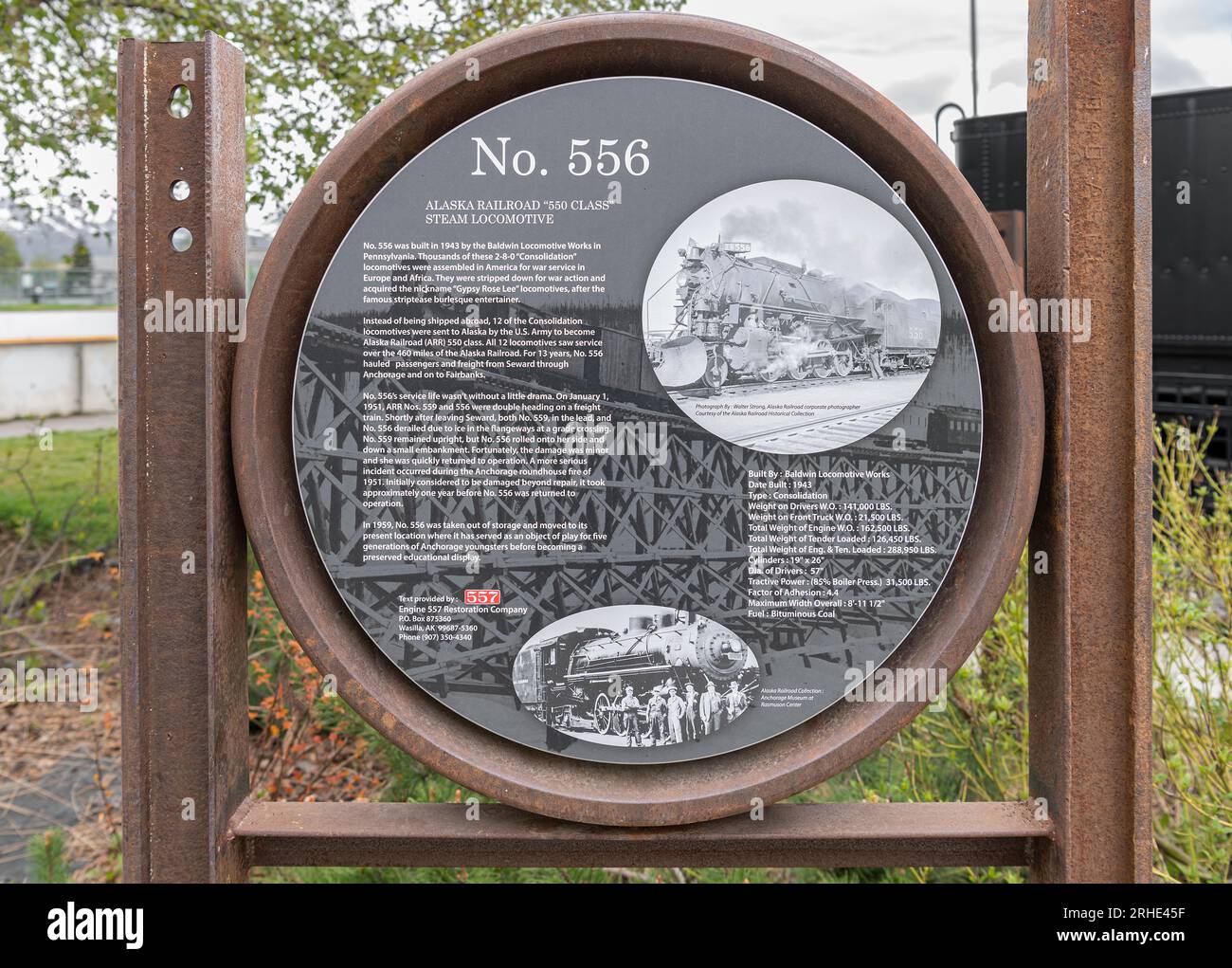 Alaska Railroad Locomotive 556 sign, Anchorage, Alaska, USA Stock Photo ...
