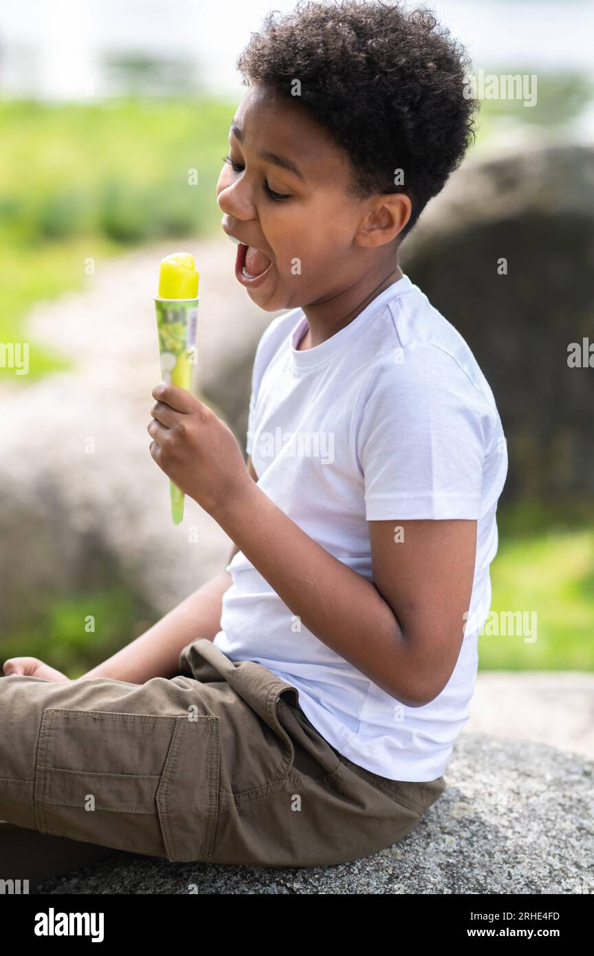Little boy eating ice cream outdoors on hot summer day, sitting on rock ...