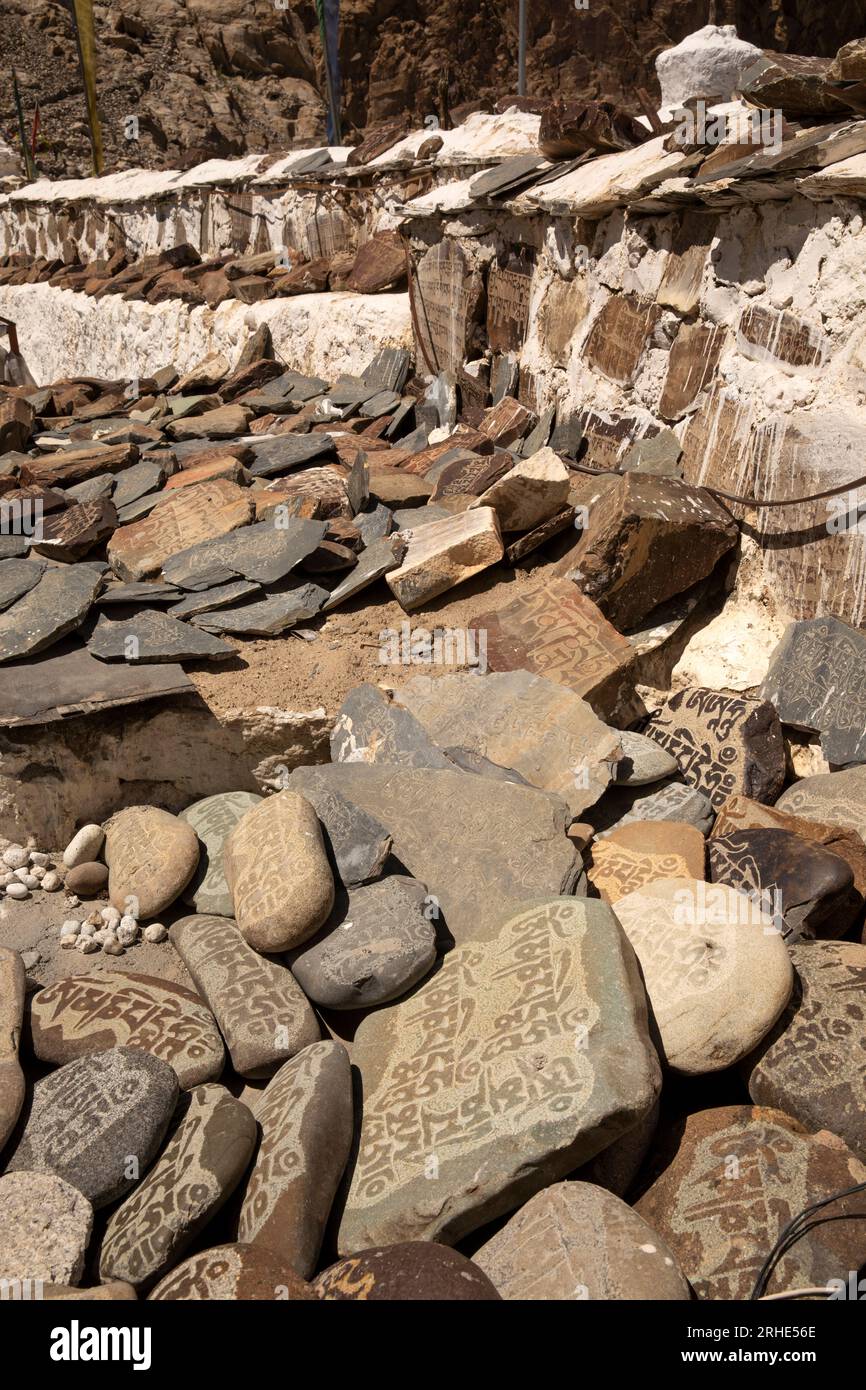 India, Ladakh, Nubra Valley, Hunder Gompa, Skalzang Mani Wall, stones ...