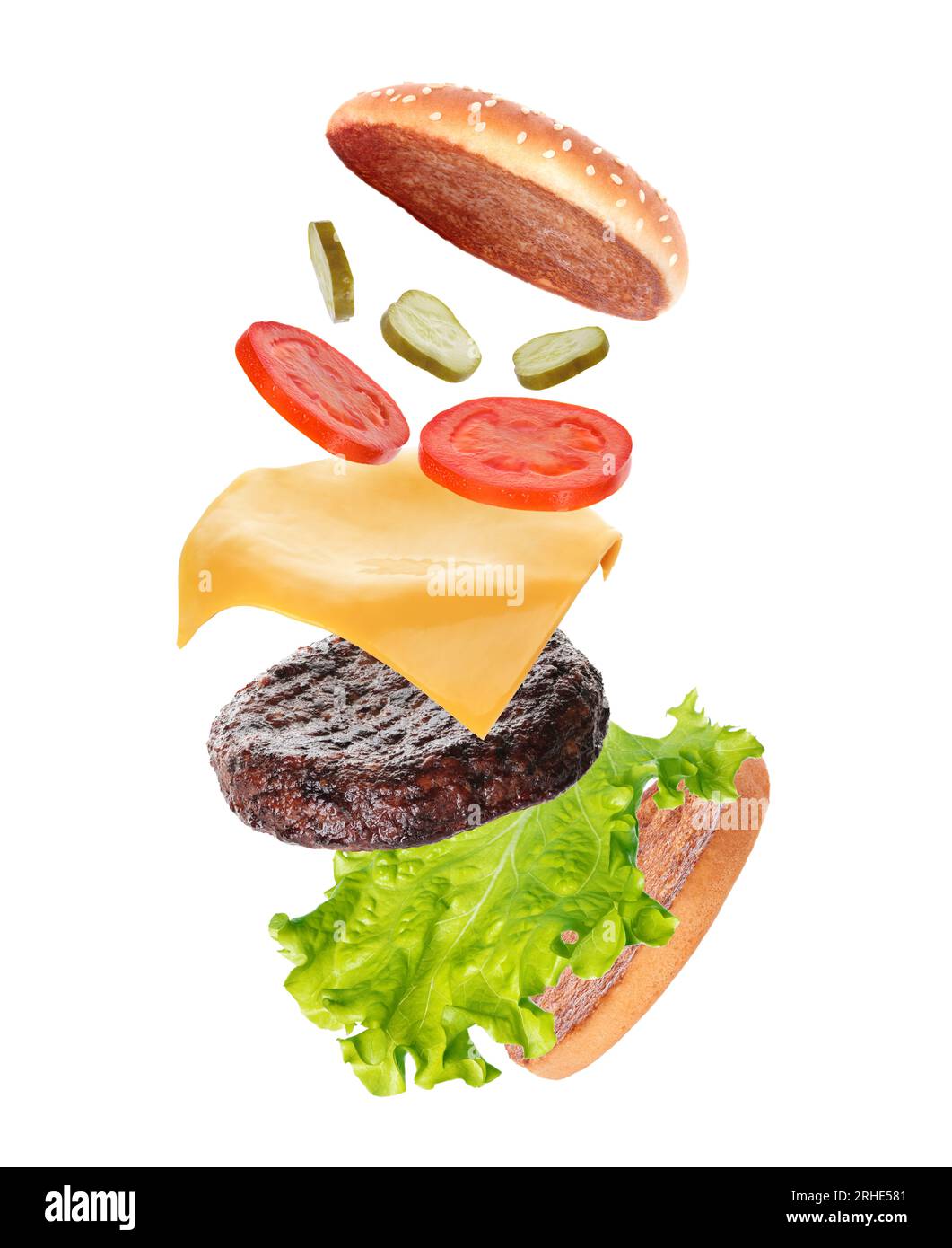 Flying big hamburger on white background, levitation concept close-up ...