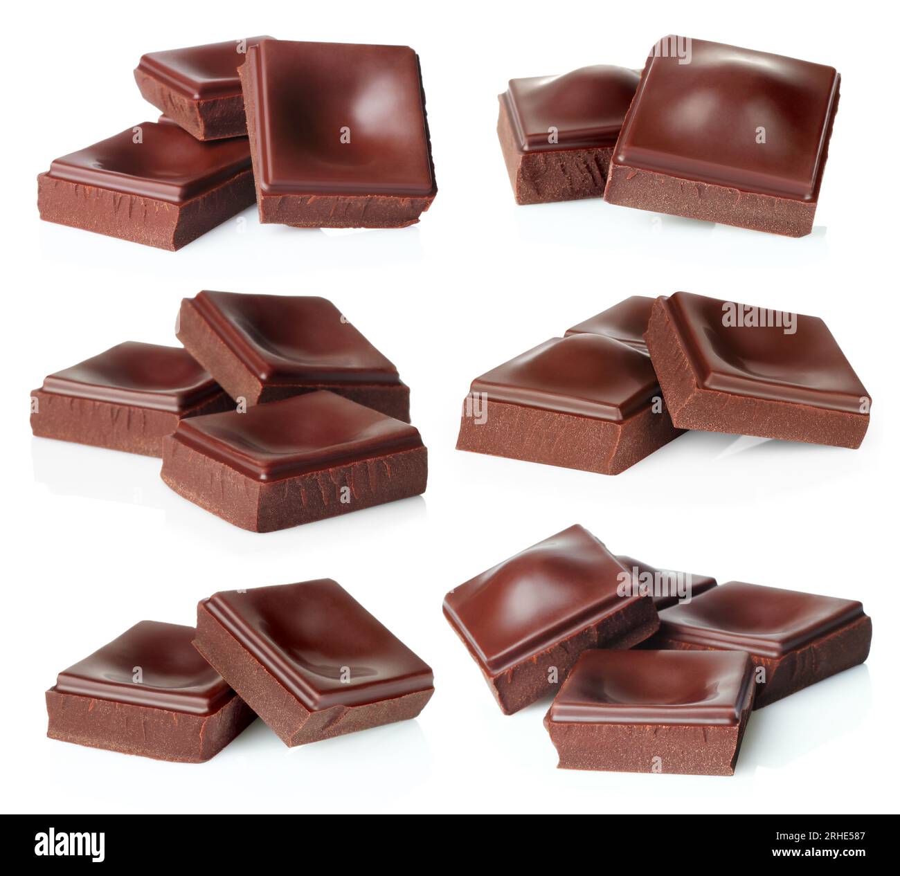 Set of Broken Dark Chocolate Bars close-up, isolated on white ...