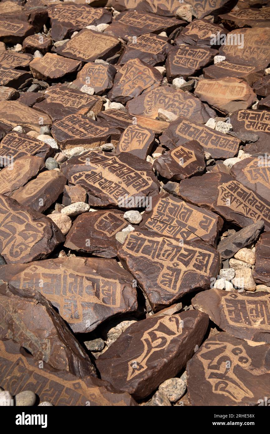 India, Ladakh, Nubra Valley, Hunder Gompa, Skalzang Mani Wall, stones ...