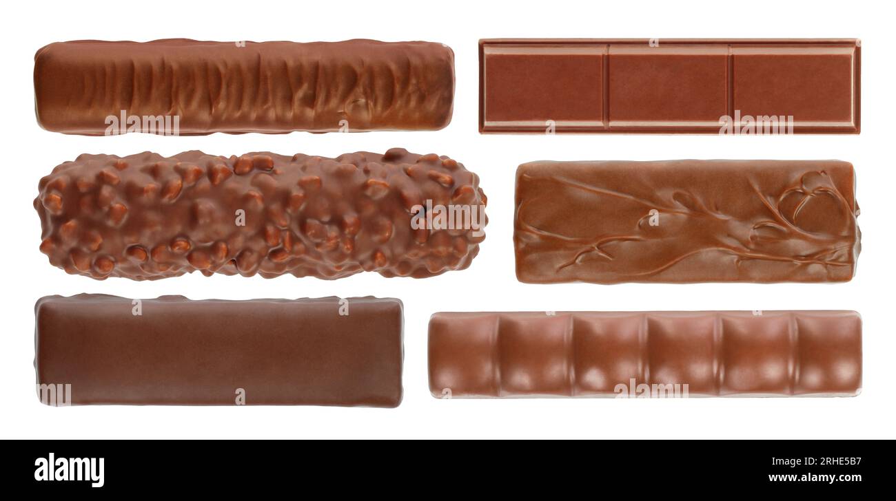 Set of Different Chocolate Bars close-up, top view, isolated on white ...