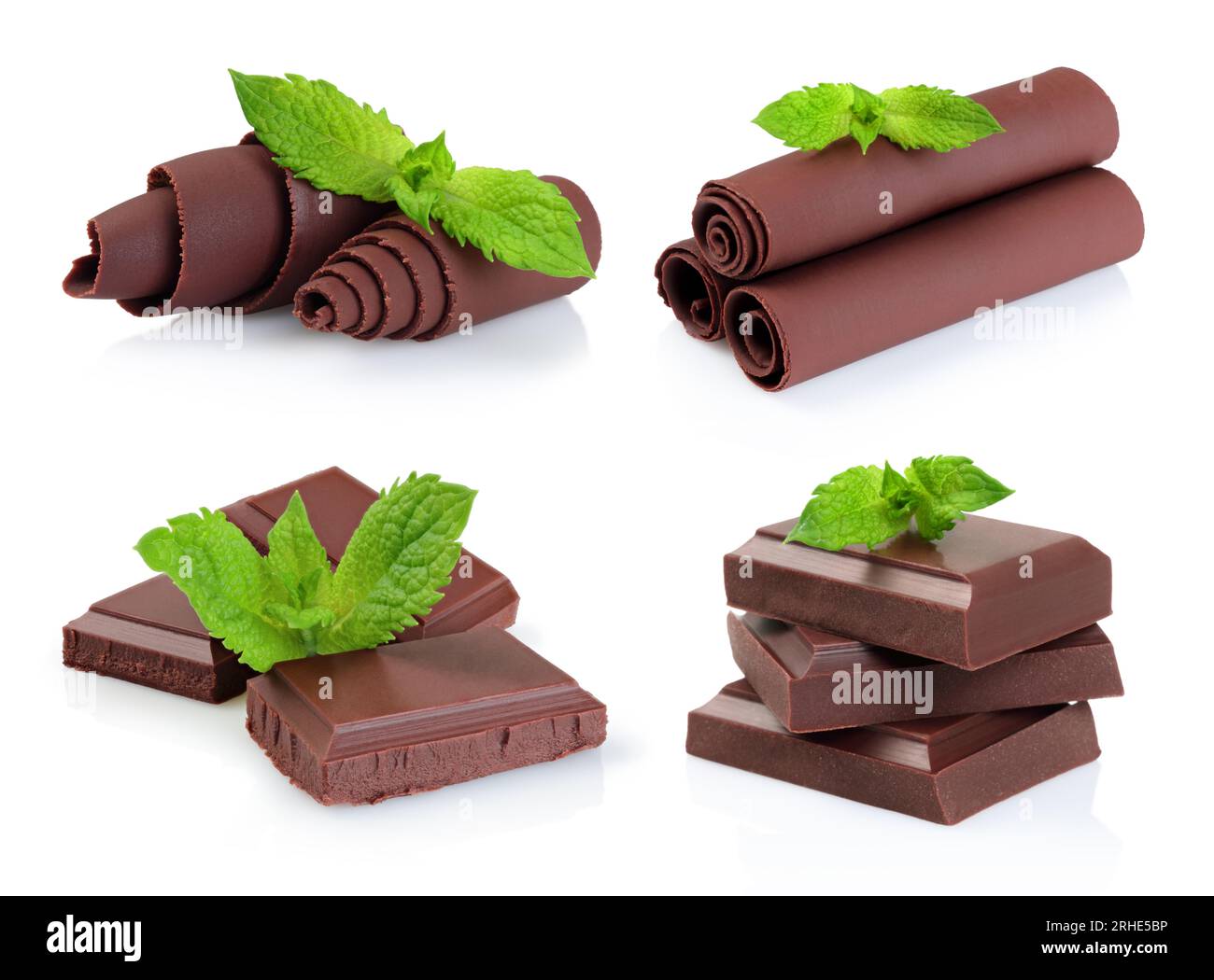 Set of Chocolate Tubes and Bars with green Mint leaves, on white ...