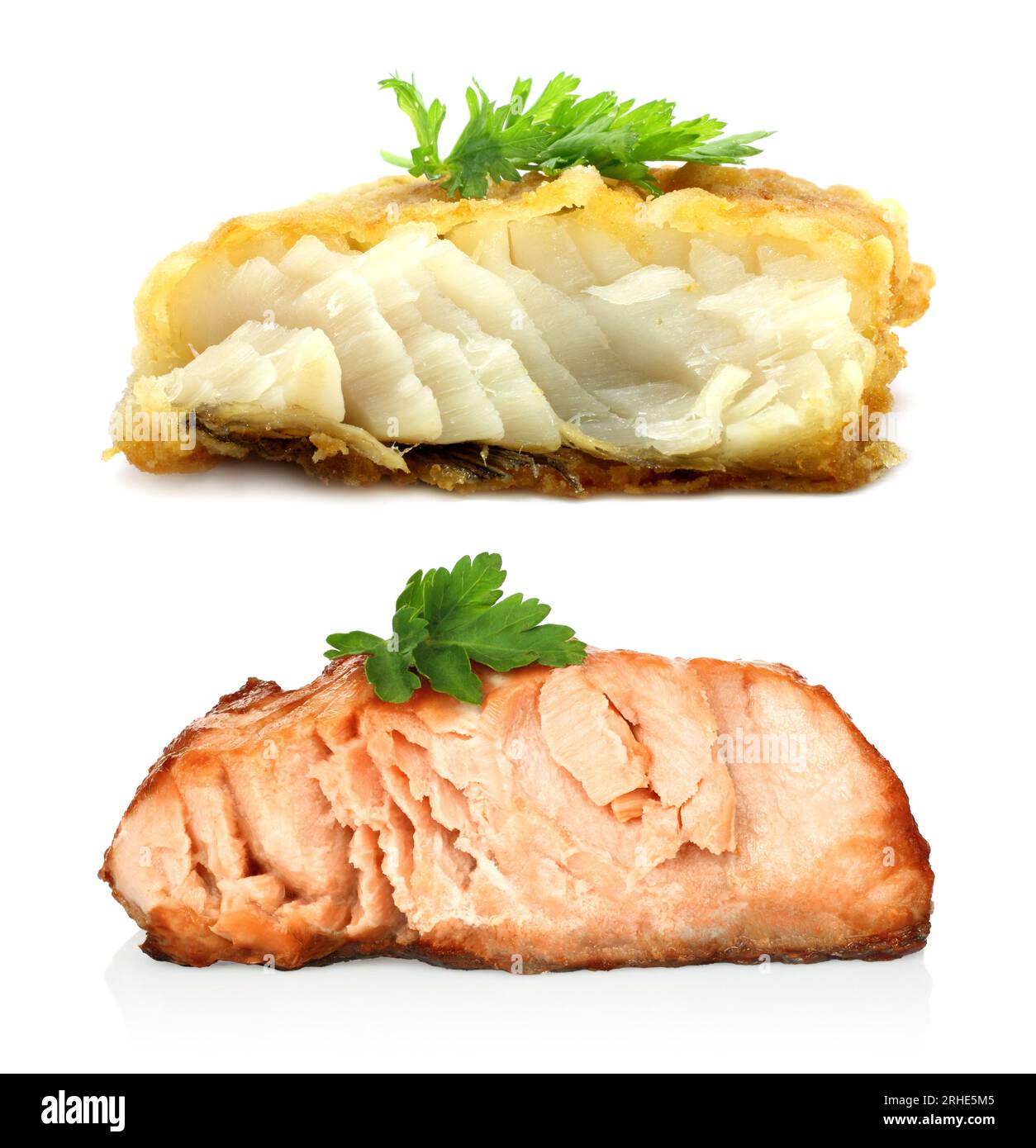 Fried pieces of salmon fish and pollock fish cutlet, isolated on white ...